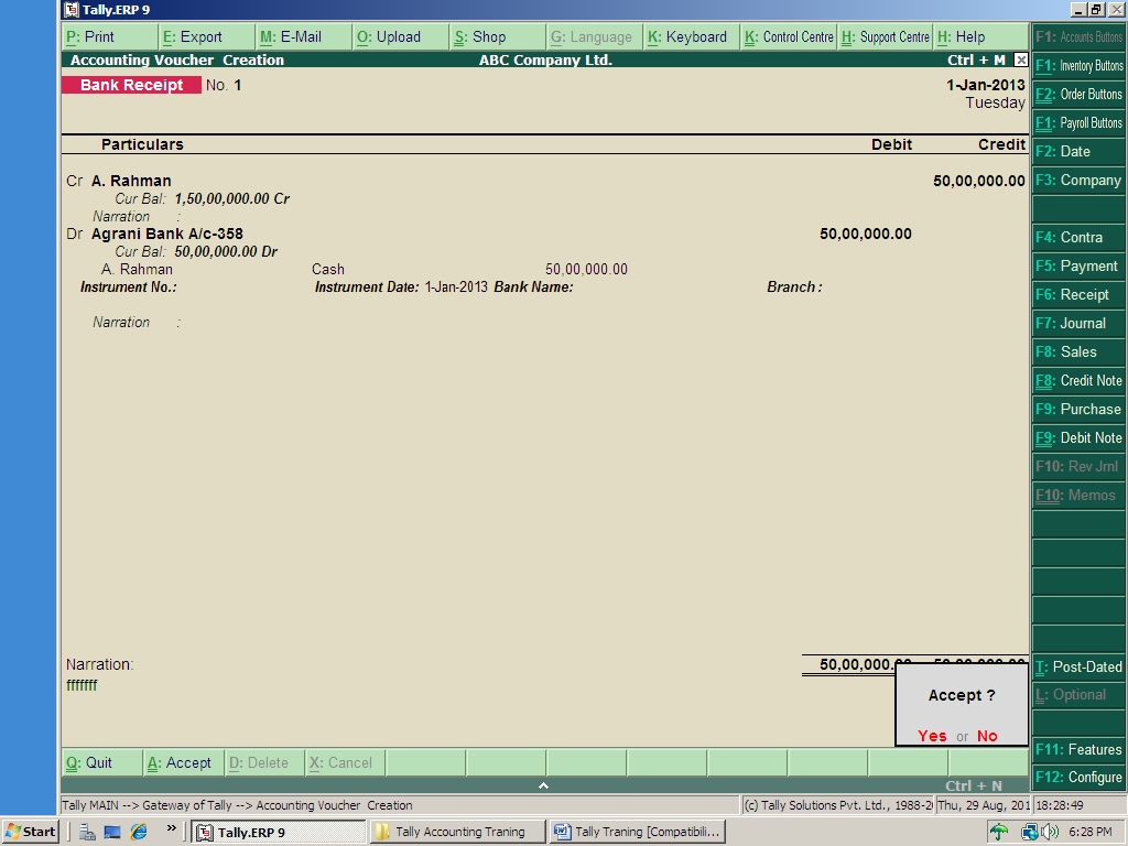 Tally operating Solution: In Tally Soft ware “Bank Receipt” Enter system.