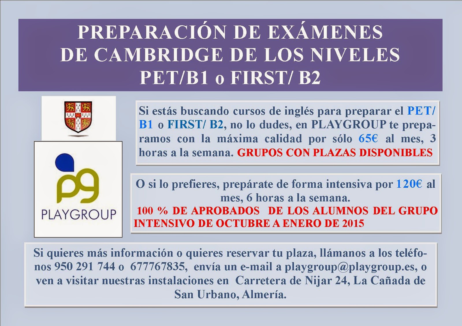 PLAYGROUP: PREPARACIÓN DE B1/PET Y B2/FIRST