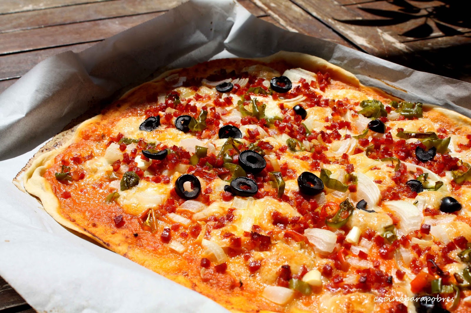 Pizza casera, receta paso a paso. Masa sin levadura