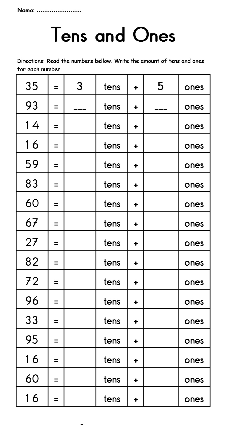 Tens and Ones Worksheet for 1st Grade