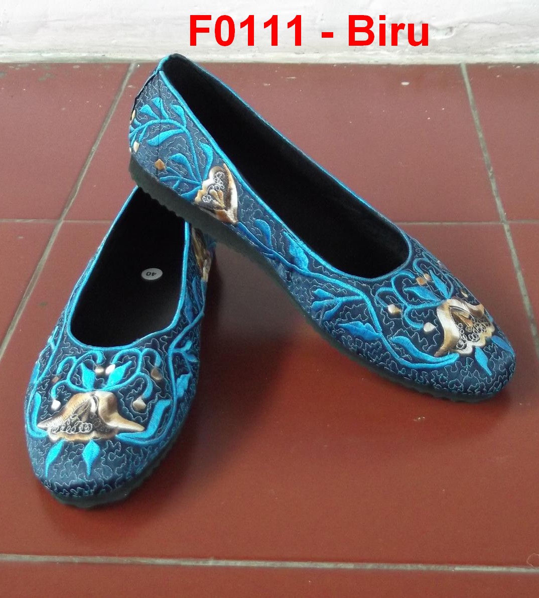 Sepatu Bordir Motif Bunga - F011 - Biru - Toko Aneka Bordir