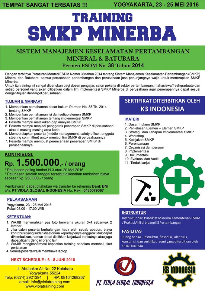 Pusat Info Training : Training SMKP MINERBA batch 2 tgl 6-8 Juni 2016