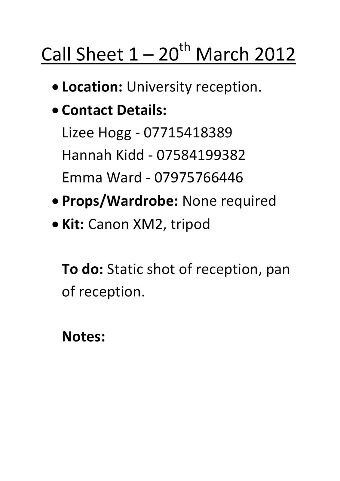 Screen Production (CRM102): Call Sheets