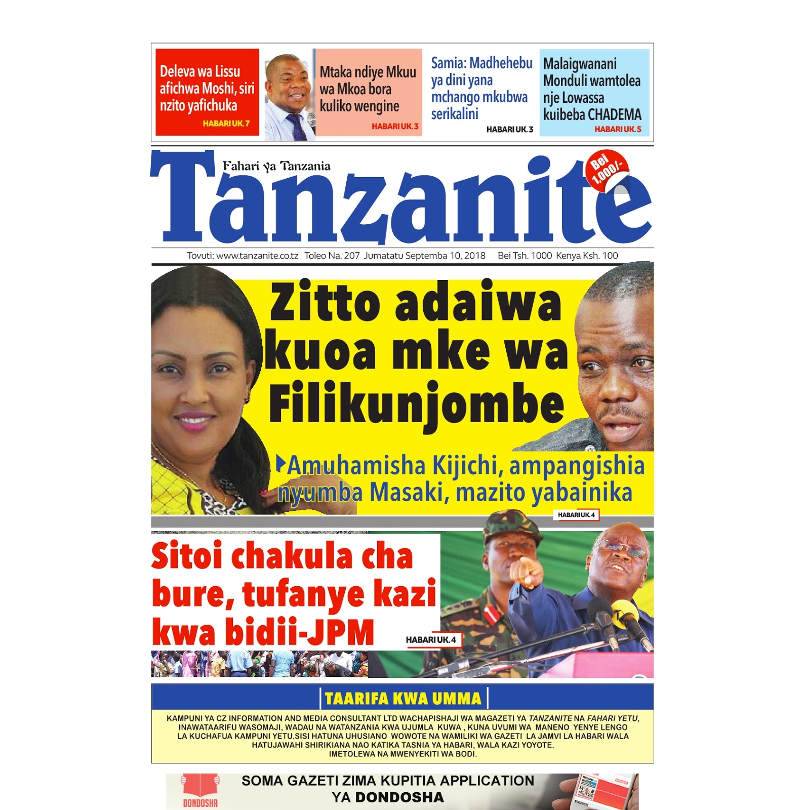 Tanzanian Today's Newspapers MAGAZETI YA LEO JUMATATU 10th September ...