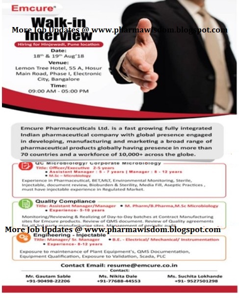 Emcure Pharmaceuticals - Walk-In Interviews for Multiple Positions on ...
