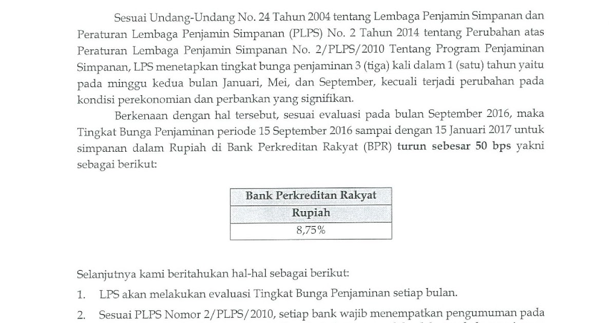 Surat Edaran Suku Bunga Lps Untuk Bpr Terbaru - Kumpulan Surat Penting