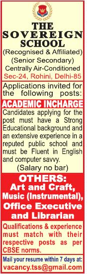 The Sovereign School New Delhi Wanted Academic Incharge - Faculty Teachers