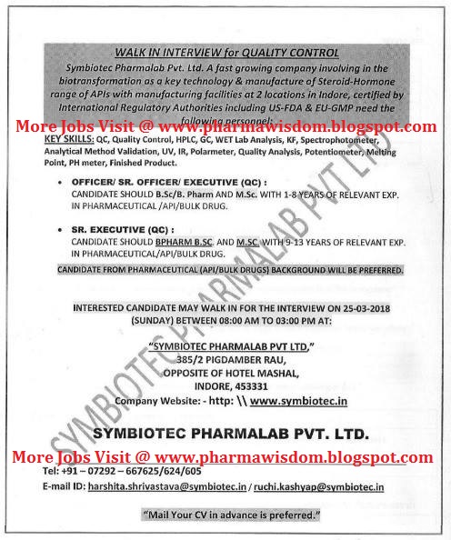SYMBIOTEC PHARMALAB PVT. LTD - Walk-In Interview for Quality Control on ...