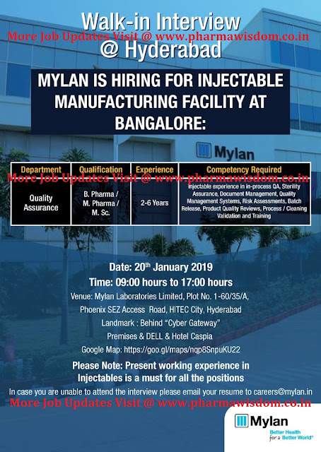 Mylan Laboratories Limited - Walk-In Interviews on 20th Jan' 2019 ...