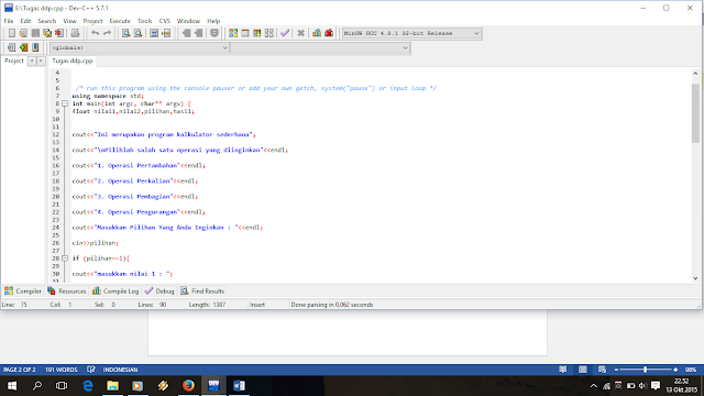 Program Pembuatan Kalkulator Sederhana dengan Dev C++ - Gading Ahhee