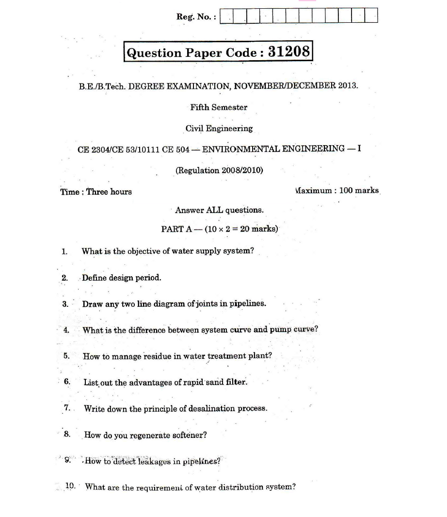 CE2304 Environmental Engineering I Nov Dec 2013 Question Paper ...