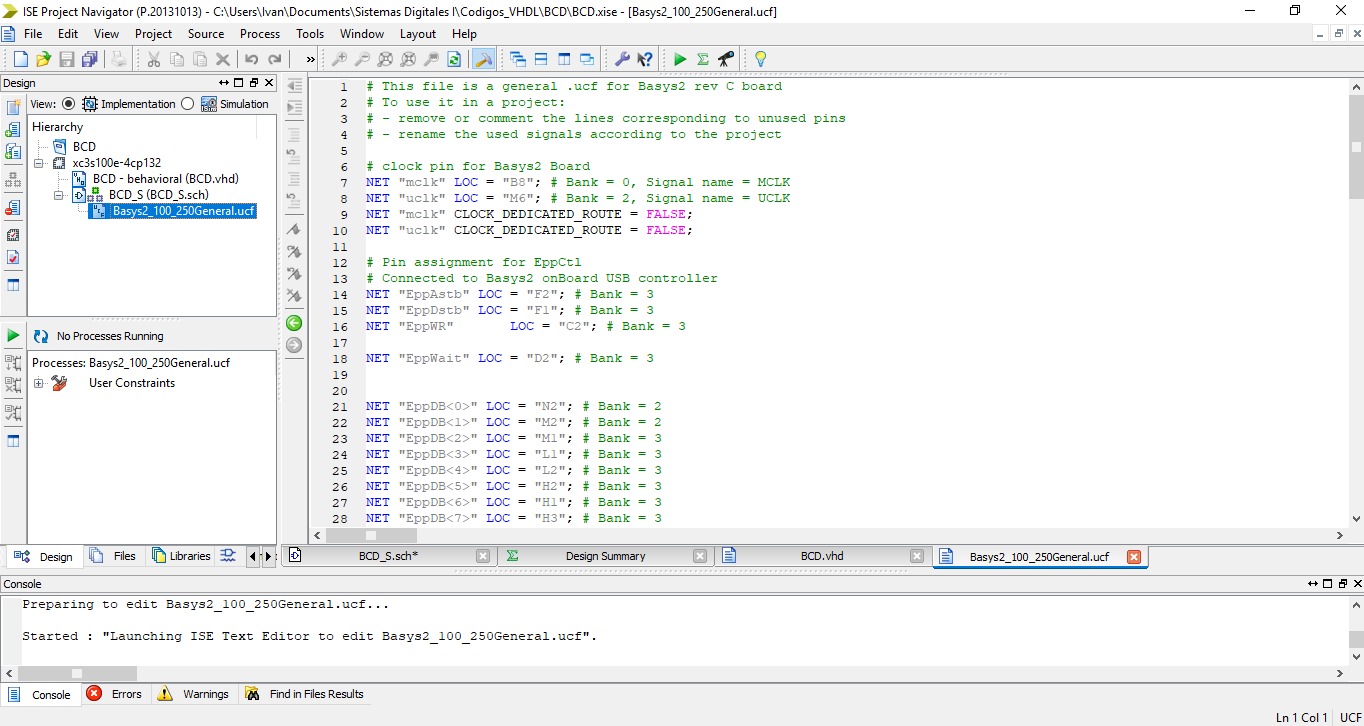 SISTEMAS DIGITALES-VHDL ECCI: Practica 1: Conversor binario a BCD en basys2