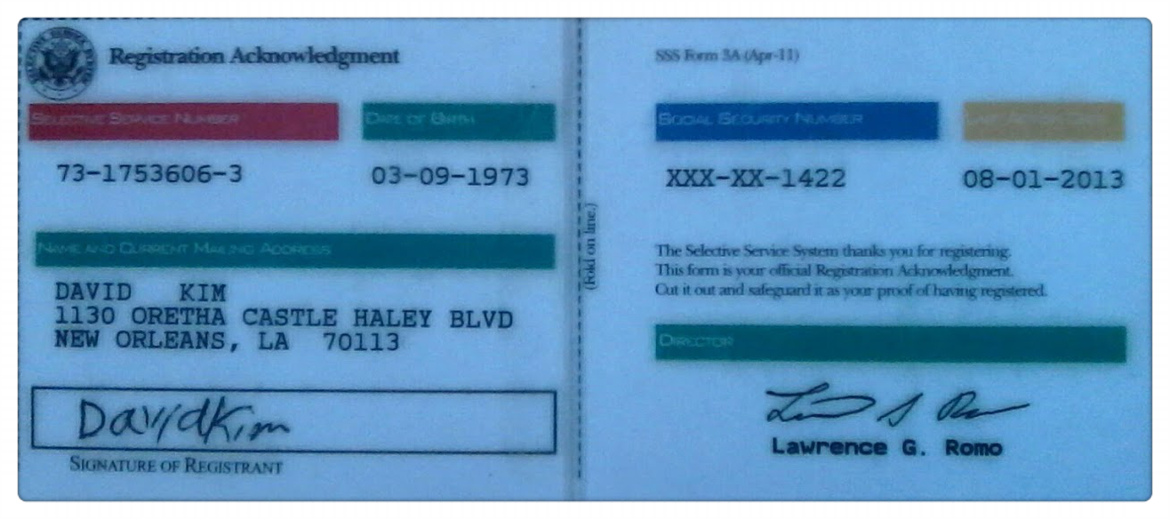 David Kim: DAVID KIM REGISTRATION ACKNOWLEDGEMENT CARD