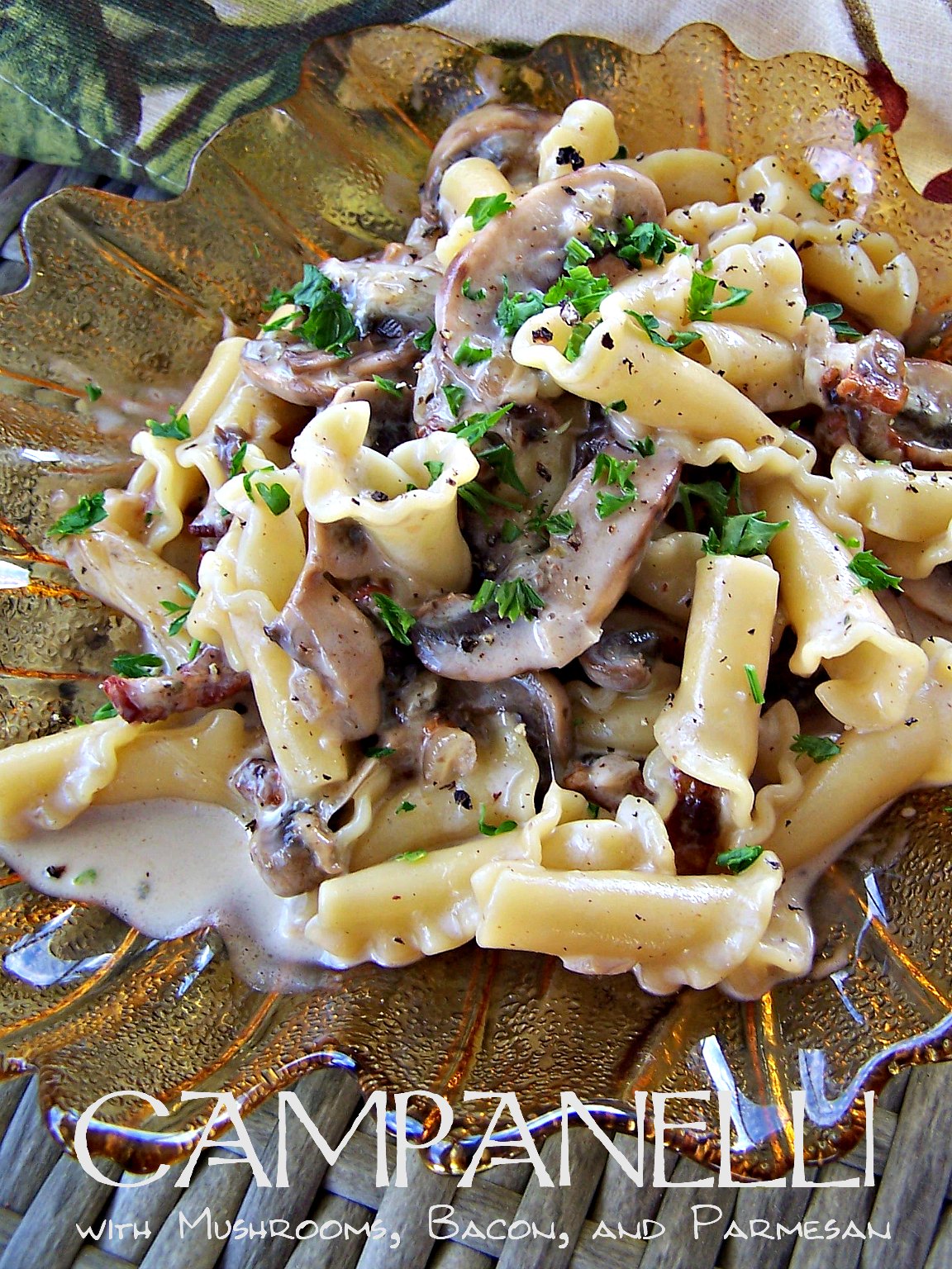 Olla-Podrida: Campanelli with Mushrooms, Bacon, and Parmesan