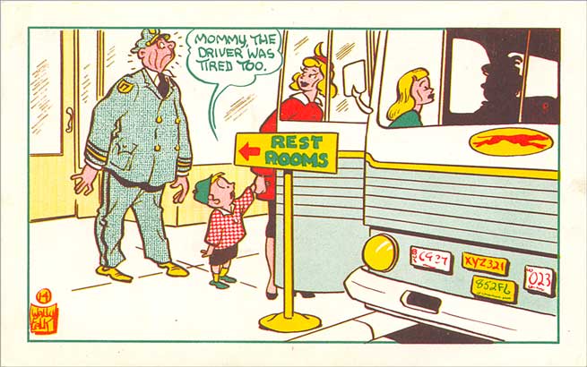 POSTCARDY: the postcard explorer: Greyhound Bus Cartoons by Wally Falk