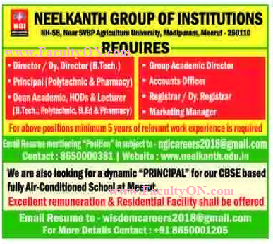 Neelkanth Group of Institutions Meerut Wanted Faculty - Faculty Teachers