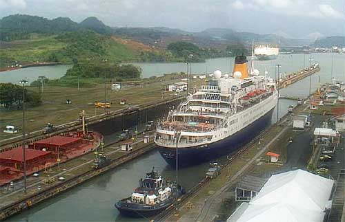 Ships in the Panama Canal: The MS Saga Ruby cruise ship in the Panama Canal