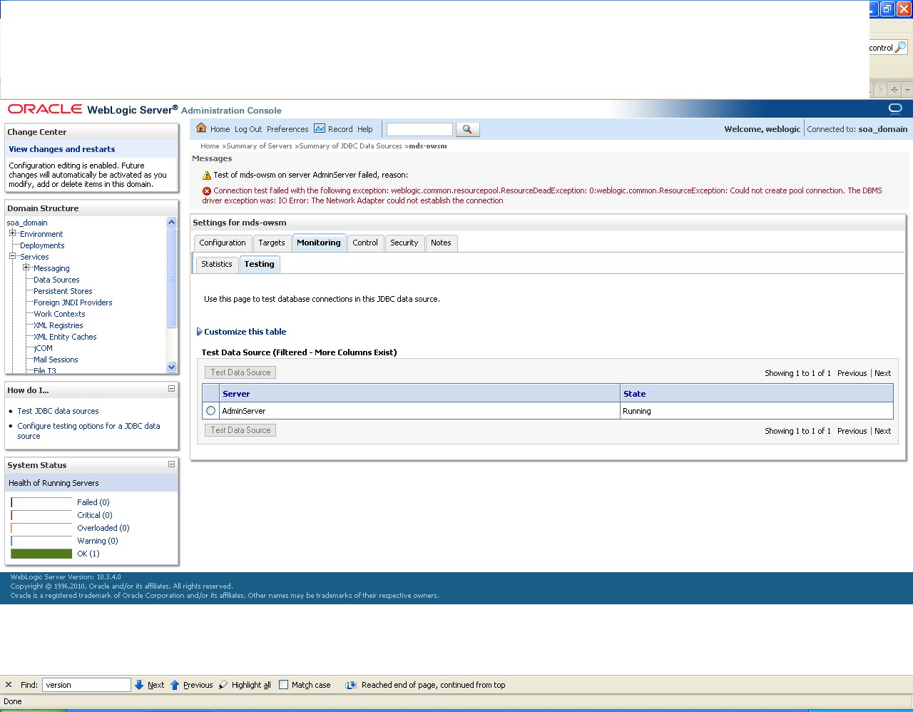 Learning SOA: Received exception while creating connection for pool ... Learning SOA: Received exception while creating connection for pool ...