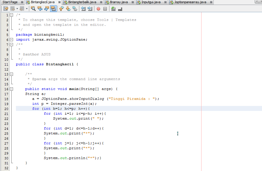 Java OOP(Looping Membuat Piramida Segitiga dan Piramida Segitiga terbalik dengan Simbol Bintang)
