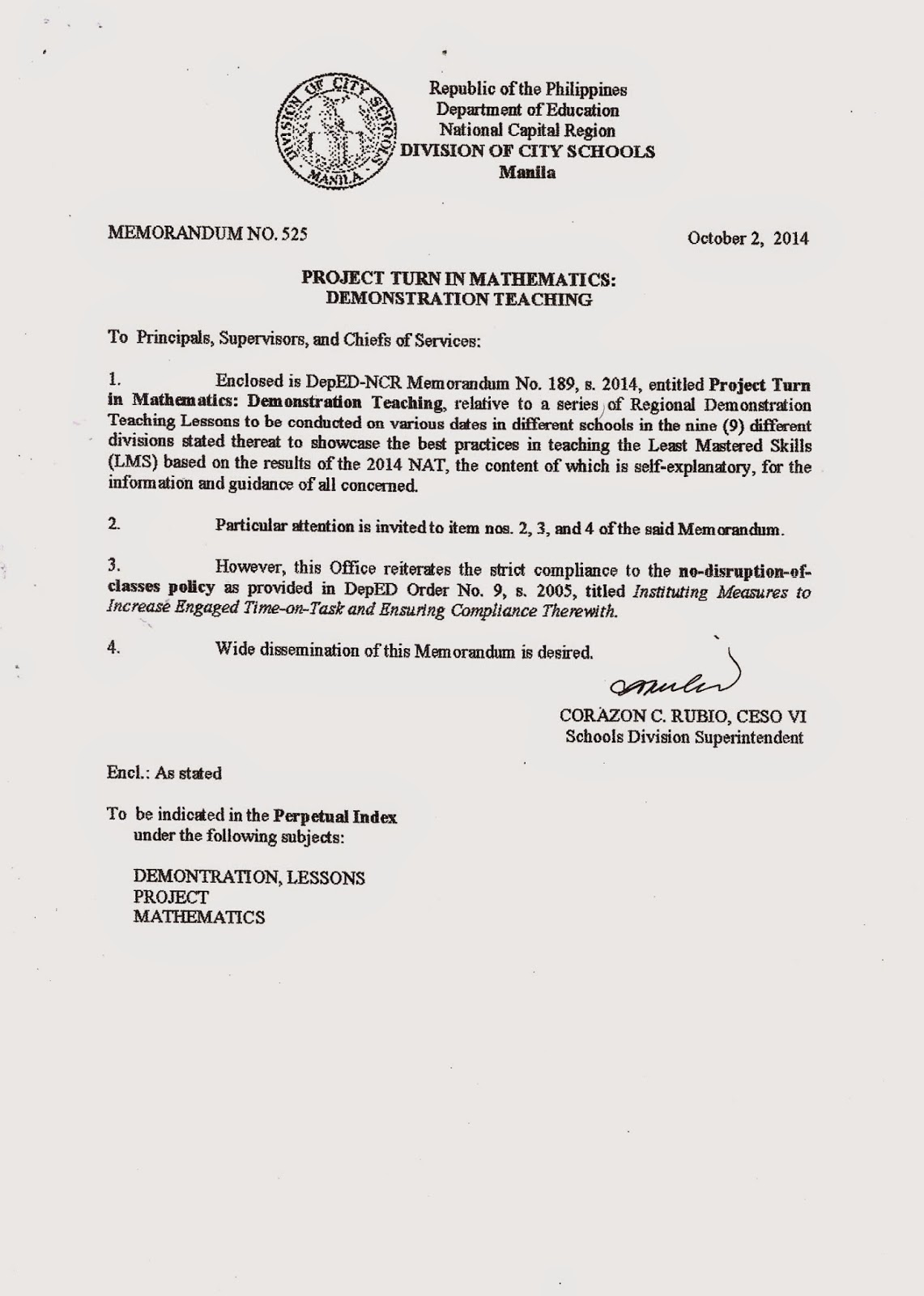 Department of Education Manila: Division Memorandum No. 525 - PROJECT ...