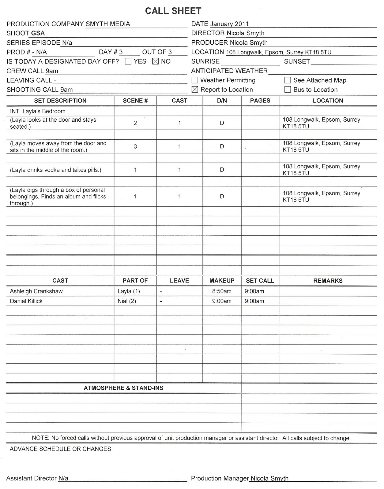 Pre-Production: Call Sheet