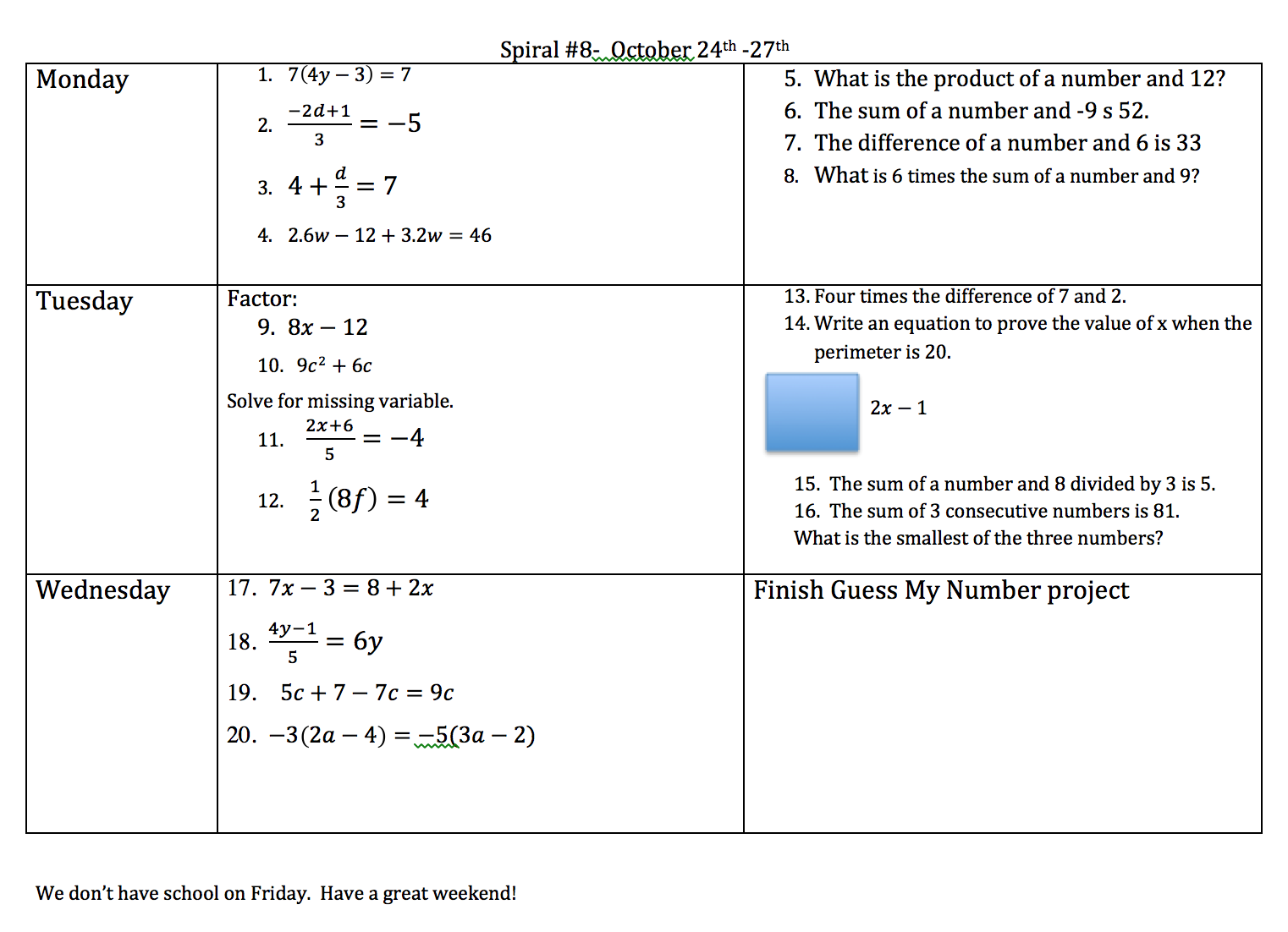 Mrs. Sessions - 7th Grade - Advanced Math: Spiral #8