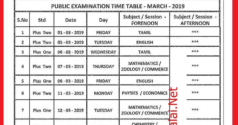 11th Public Exam Time Table 2019 Tamilnadu Schools ~ Padasalai No.1 ...