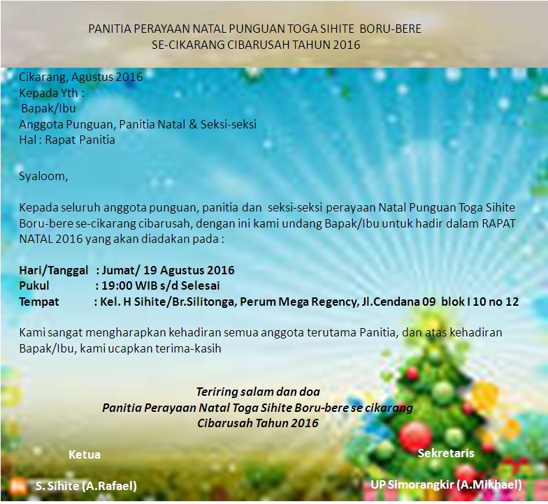 TOGA SIHITE SE-CIKARANG CIBARUSAH: UNDANGAN RAPAT PANITIA NATAL 2016