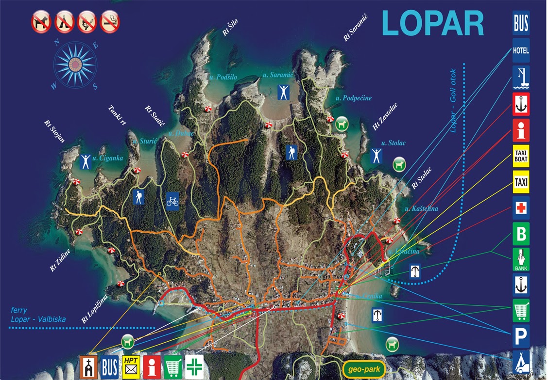 Chorwacja wyspa Rab Lopar mapa szlaków pieszych i rowerowych