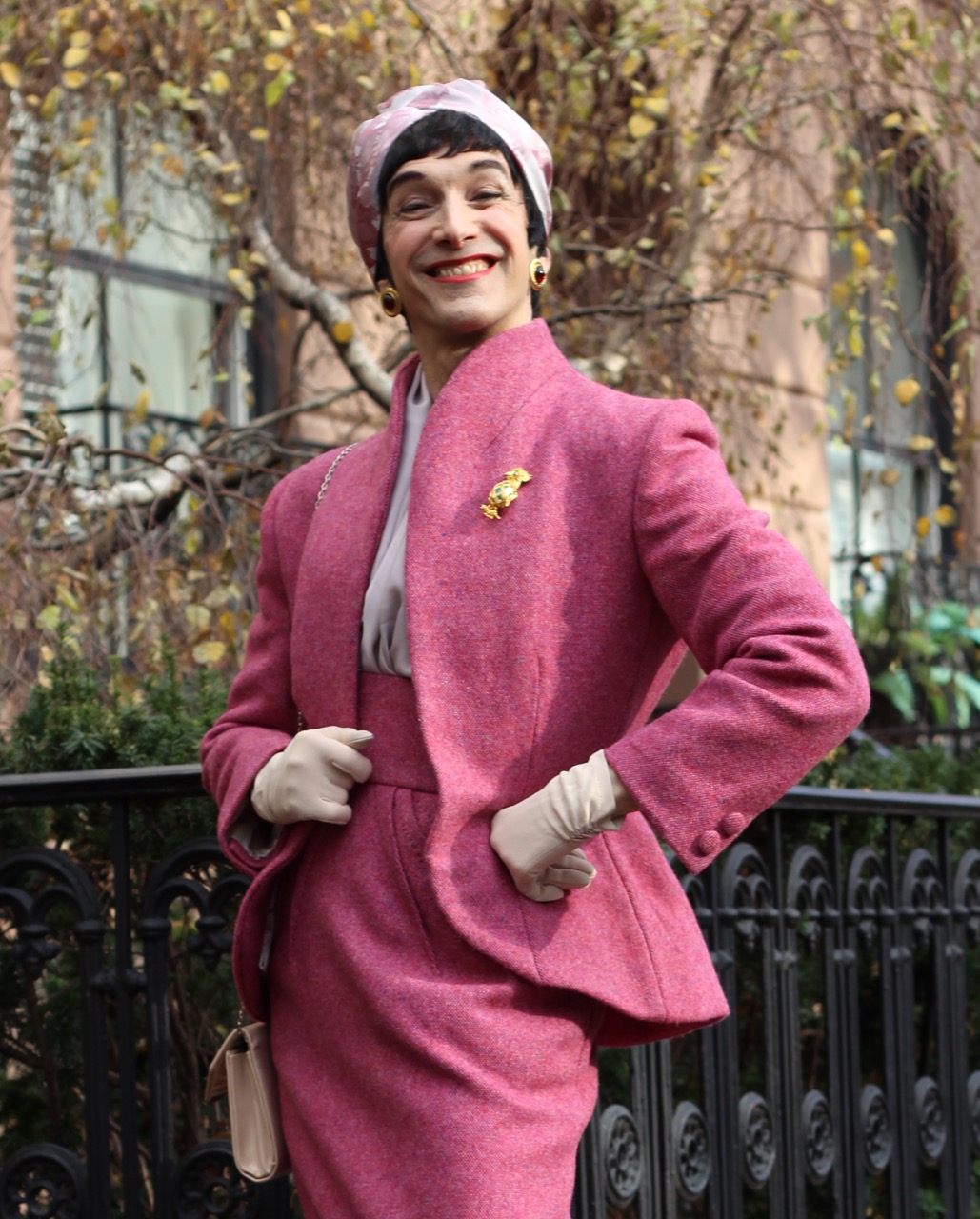 male pattern boldness: Cathy Models the Pink Tweed Couture Suit!