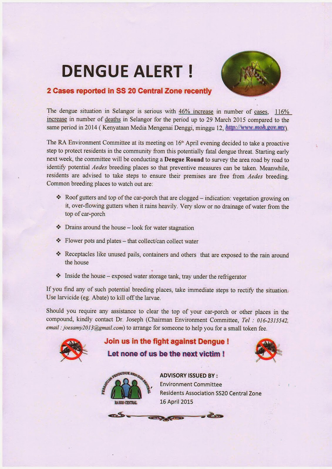 SS20 PETALING JAYA: Dengue Alert - Advisory Note from RA SS20 CENTRAL