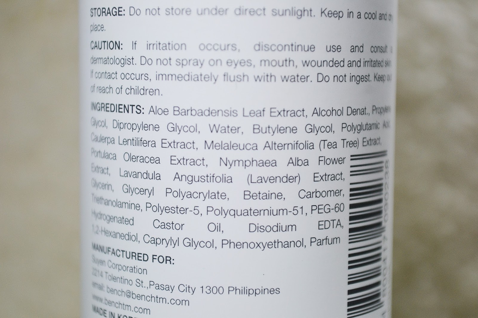 BENCH ORGANICS : 94% Aloe Vera Soothing Gel and 92% Face and Body Mist ...