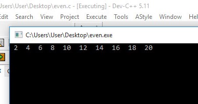 Program in C to display first 10 even numbers using while loop ~ Junior Computer Technician