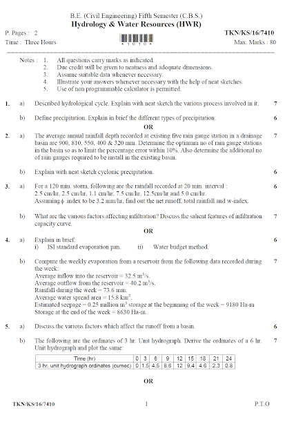 RTMNU 5th Semester B.E Civil Hydrology & Water Resources (HWR) 2016 ...