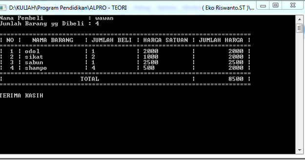 CONTOH PROGRAM C++ MENGHITUNG TOTAL BELANJA DAN PEMBAYARAN