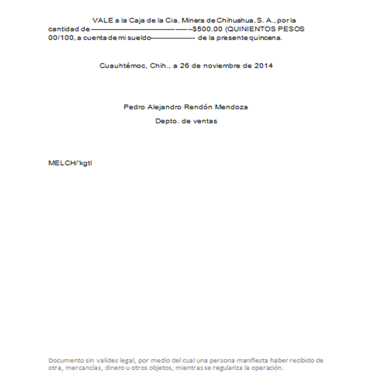 Elaborar documentos de oficina.: Vale.