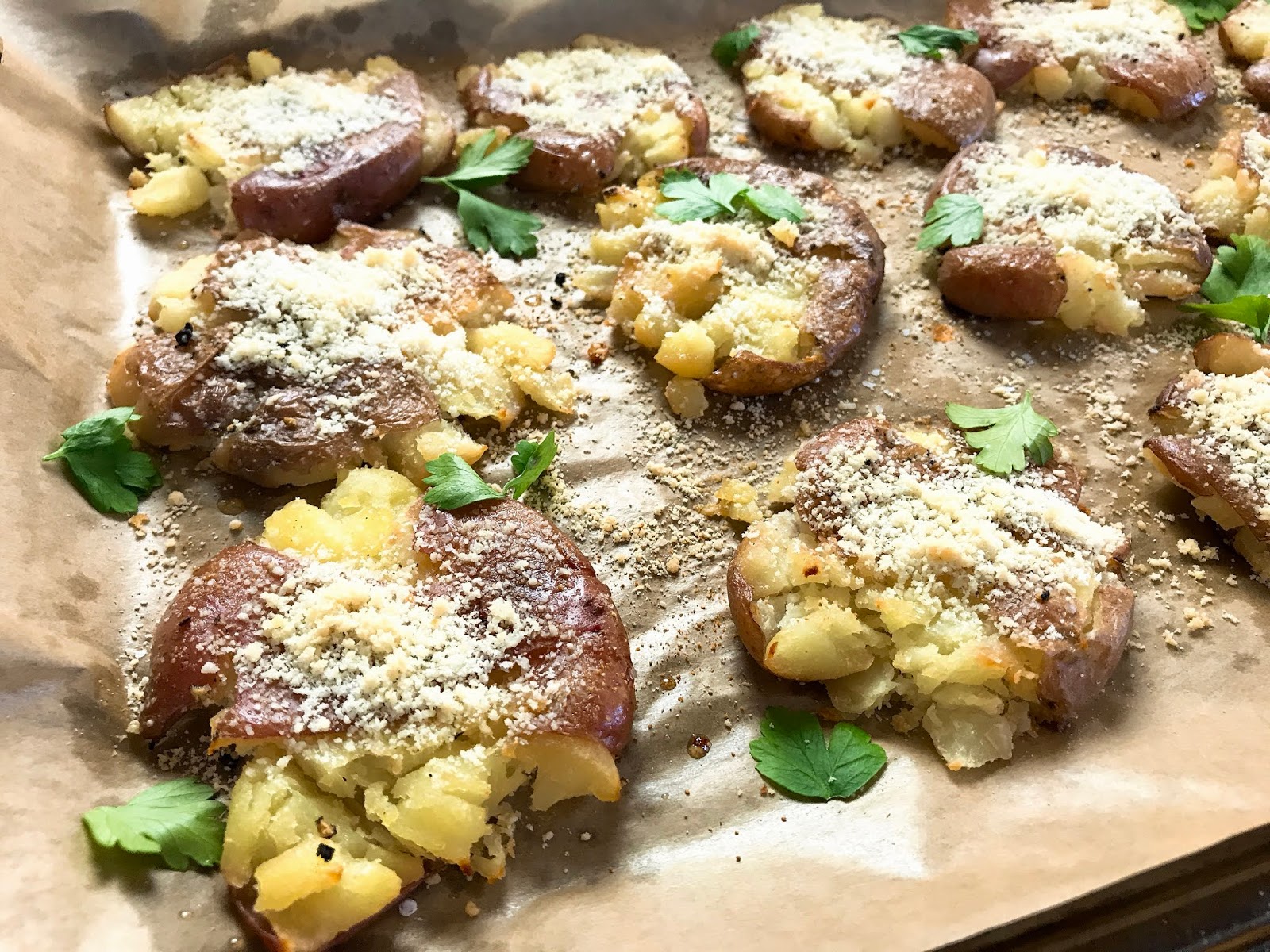 Smashed Red Potatoes with Garlic and Parmesan