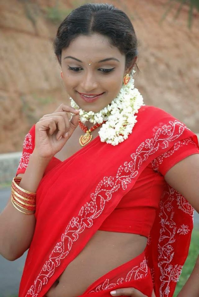 Actress Akshaya Navel Show in Red Saree Stills - Cine Gallery