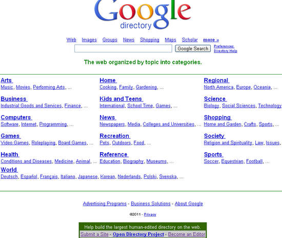 Google open web directory DMOZ front page screenshot
