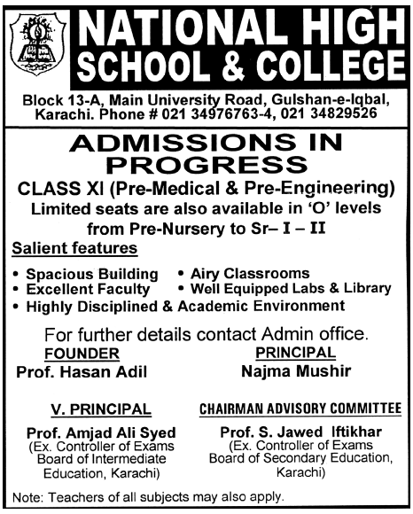 Admission in Pakistan: National High School and College Karachi ...