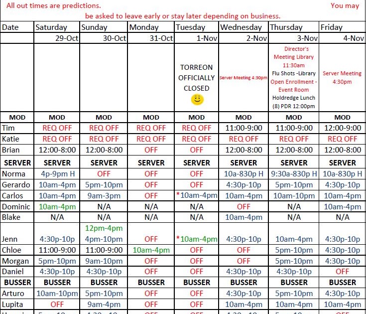 The Club at Las Campanas Food and Beverage: Schedule 10/29-11/04