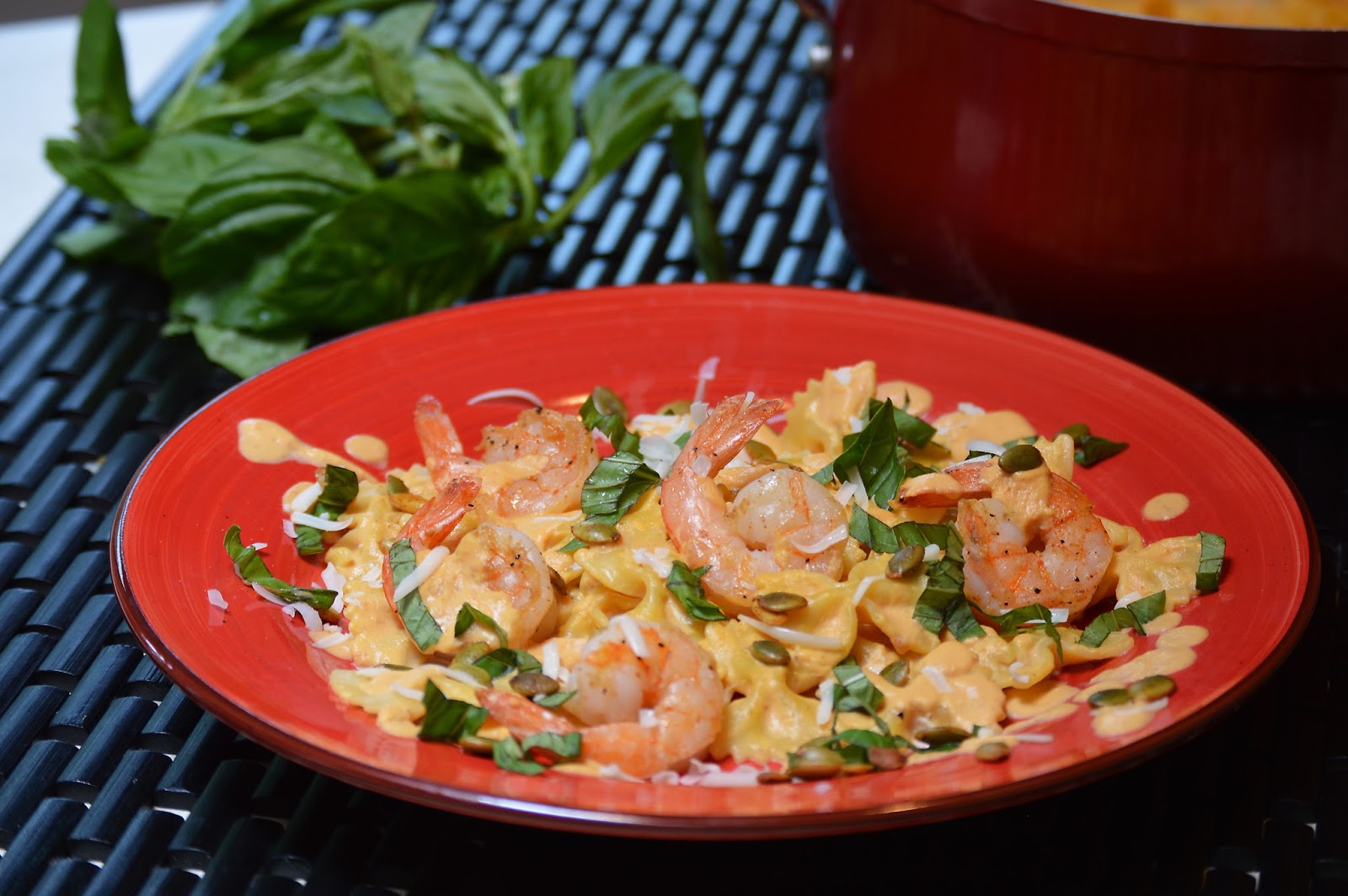 37 Cooks: Farfalle with Pumpkin Basil Cream and Grilled Shrimp