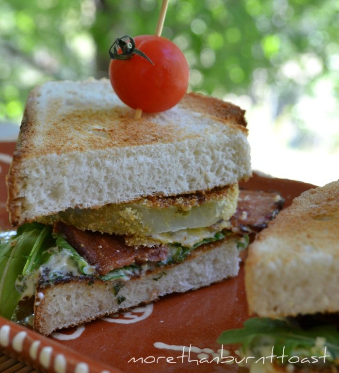 more than burnt toast: Fried Green Tomato BLT with Sweet Basil Mayonnaise