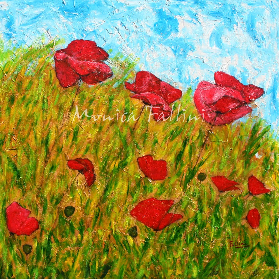 Paintings by Monica Fallini: Red Poppies in the field original modern ...