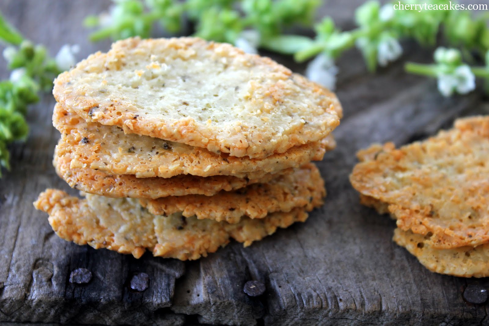 Cherry Tea Cakes: Romano Basil Flower Crackers