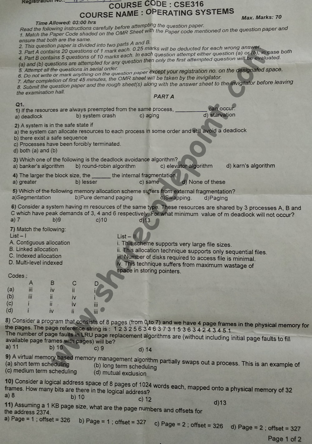 CSE316 - Operating System End Term Exam Question Paper - Lpu Question Paper