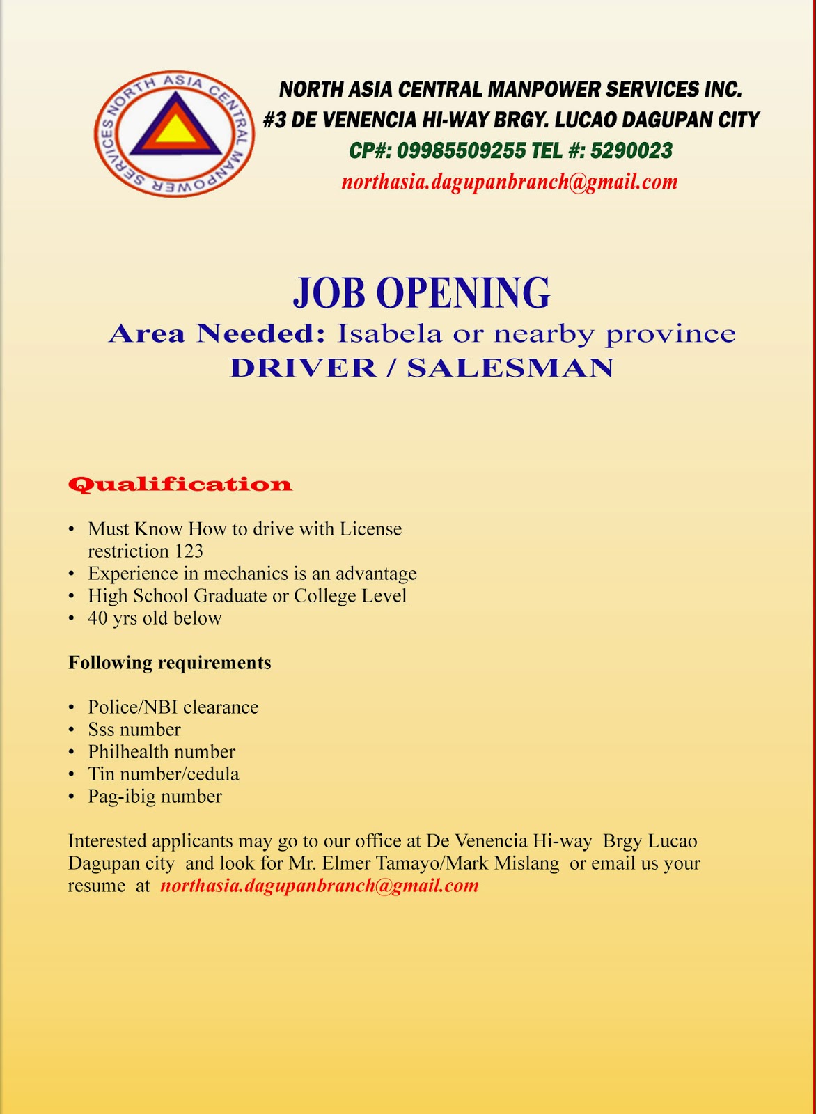 Jobs Opening | Driver or Salesman | Ilagan Isabela | January 2015 ...