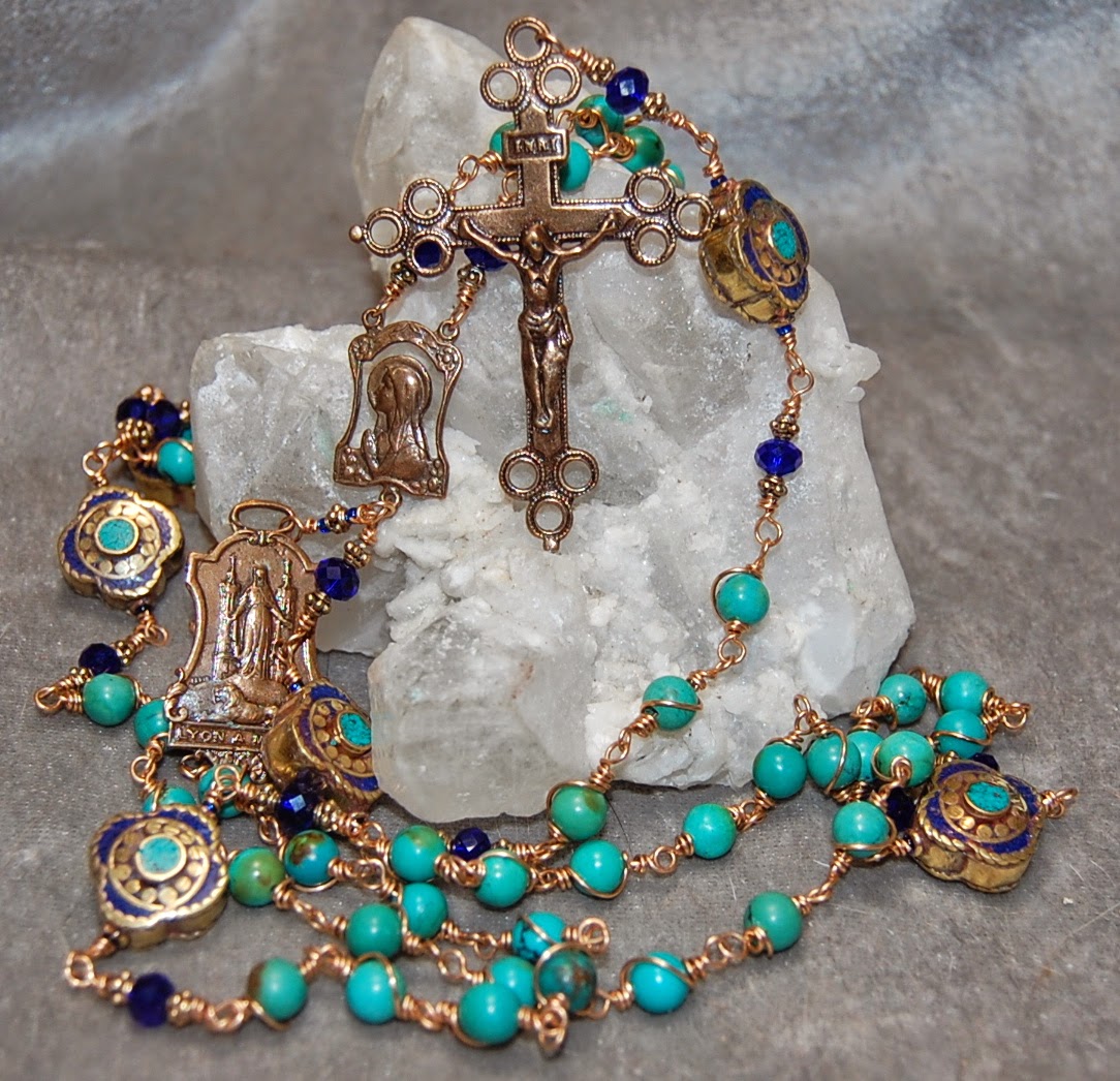 HeartFelt Rosaries: Turquoise and Lapis in Bronze--a new wire wrap Rosary!