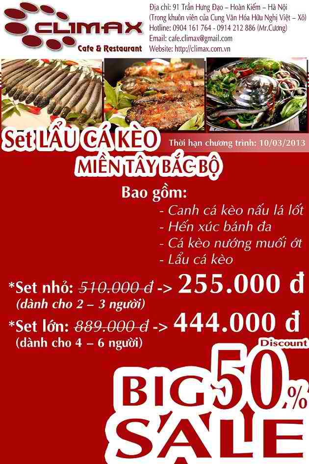 Giảm giá 50% Set lẩu cá kèo tại Climax Cafe & Restaurant | Diemanuong365