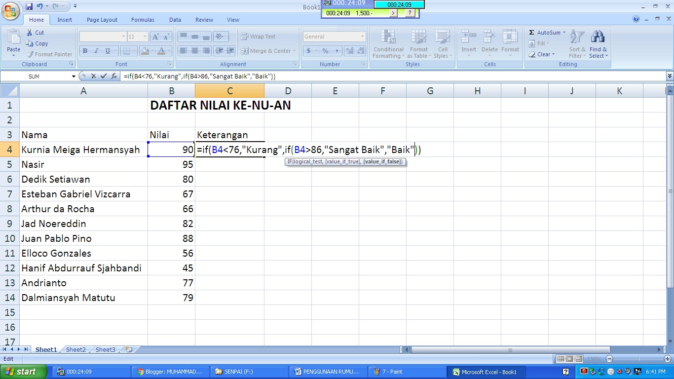 Contoh Penggunaan IF Pada Microsoft Excel - MUHAMMAD ZIDNY KHILMAN